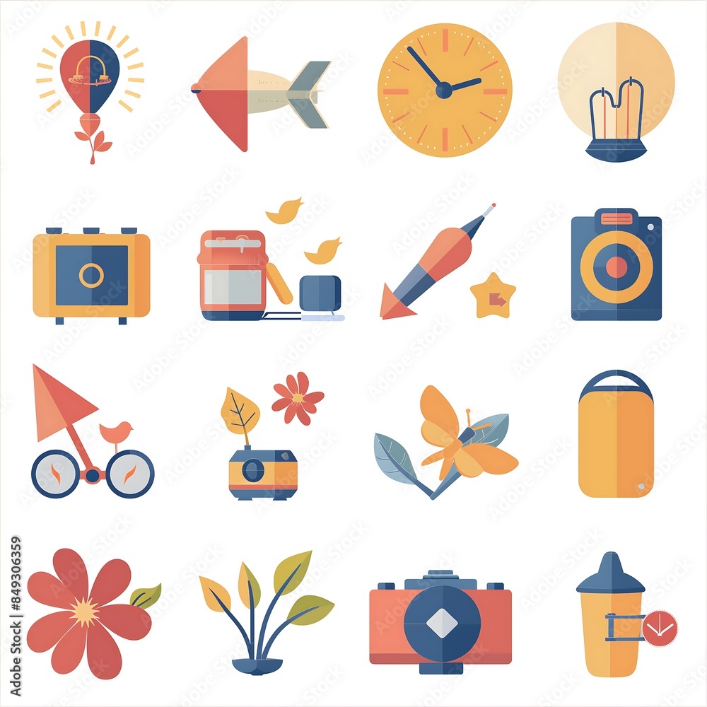 A set of flat design icons representing various everyday objects and ...