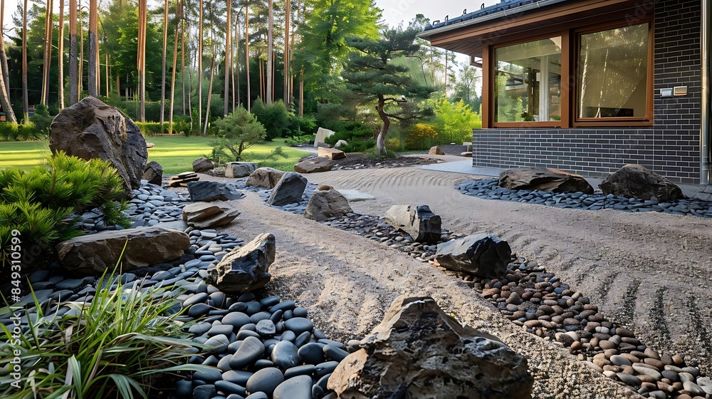 tranquil zen rock garden with carefully placed stones and raked gravel ...