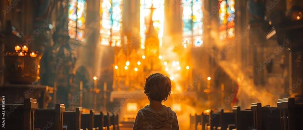 Young child in a church, back view, gazing at the altar, warm light ...