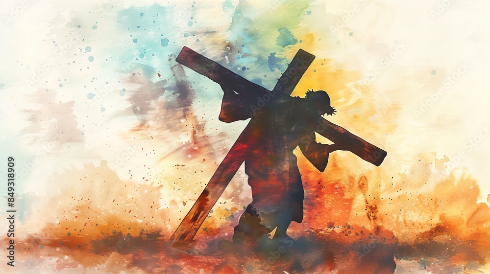 watercolor abstract illustration of Jesus Christ carrying the ...