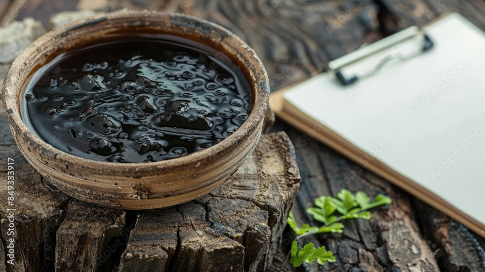 Chinese herbal dessert Grass jelly in a round earthenware dish on a ...