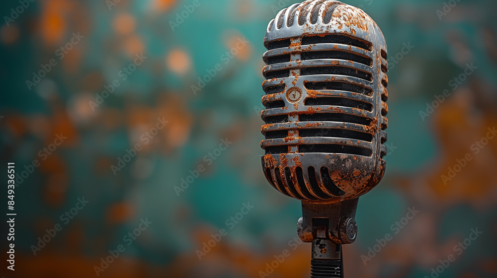 Vintage microphone covered in rust against blurred background ...