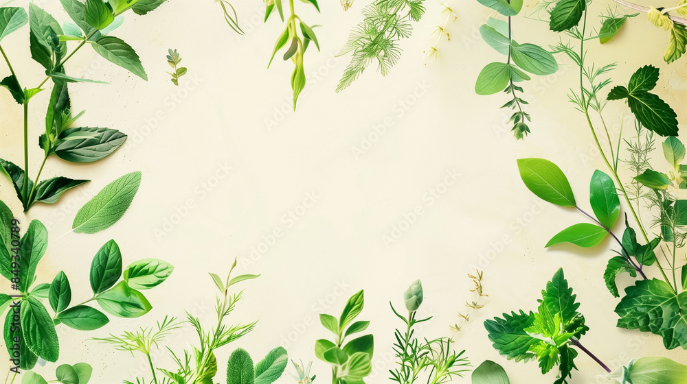 Fresh green leaves and sprigs framing a light, airy background, perfect ...