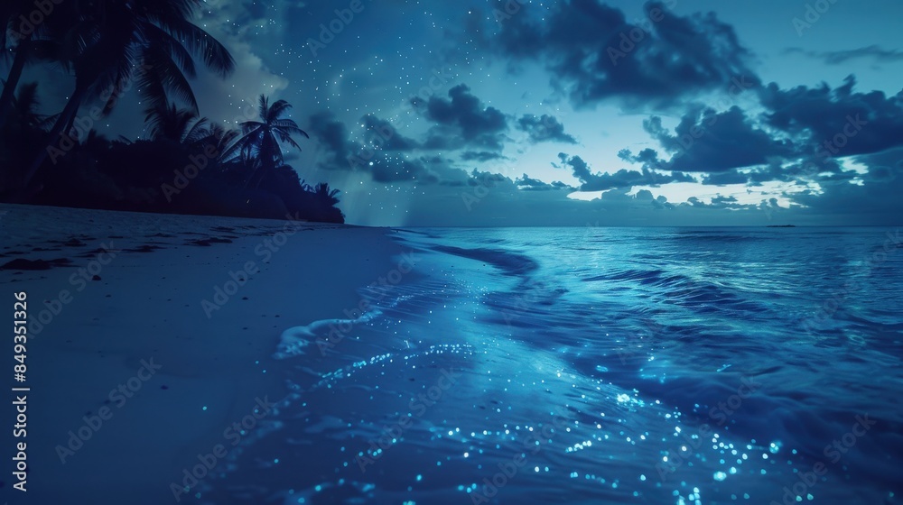 A luminous beach and sea at night, featuring the ethereal glow of ...