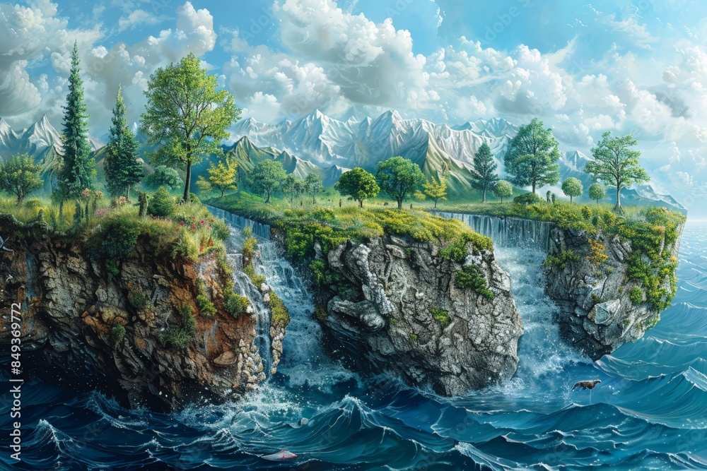 Cliffside scene with trees, mountains, and waterfalls flowing into ...