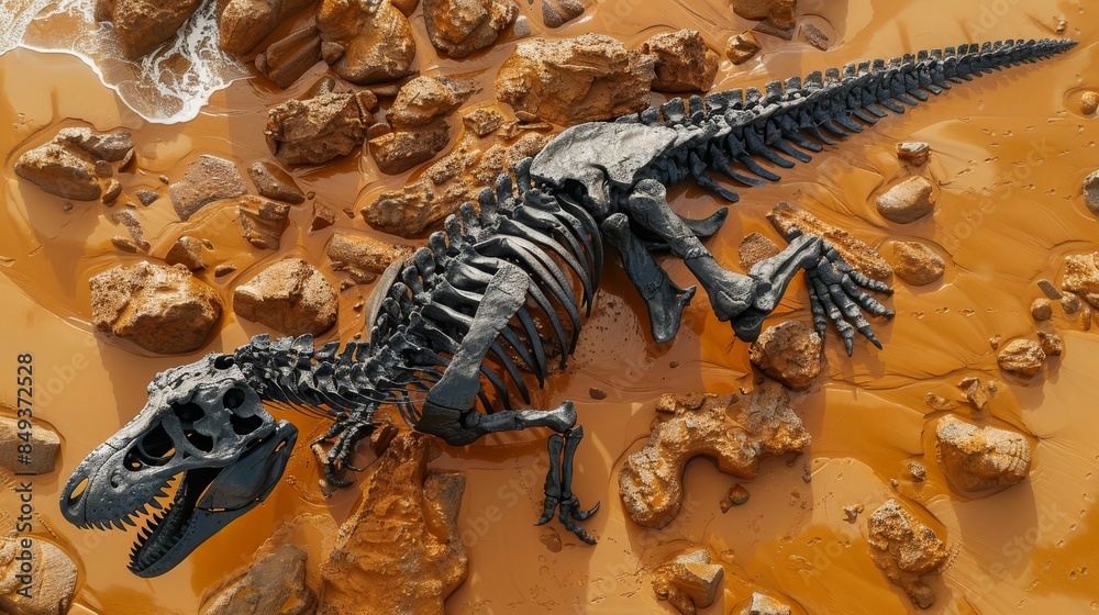 Aerial view of archaeologists unearthing tyrannosaurus rex dinosaur ...