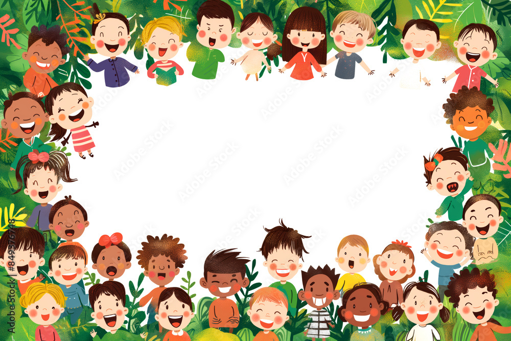 Children choir and Music Notes illustration in a border frame design ...