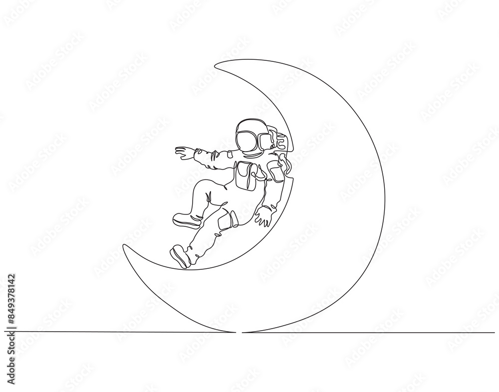 Continuous one line drawing of astronaut on the moon. One line drawing ...
