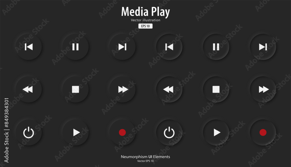 A set of black round buttons with music play symbols. Active and ...