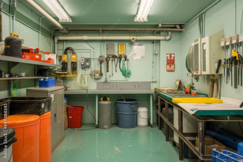 Well-Organized Plumbing Workshop with Clear Safety Signage and Properly ...