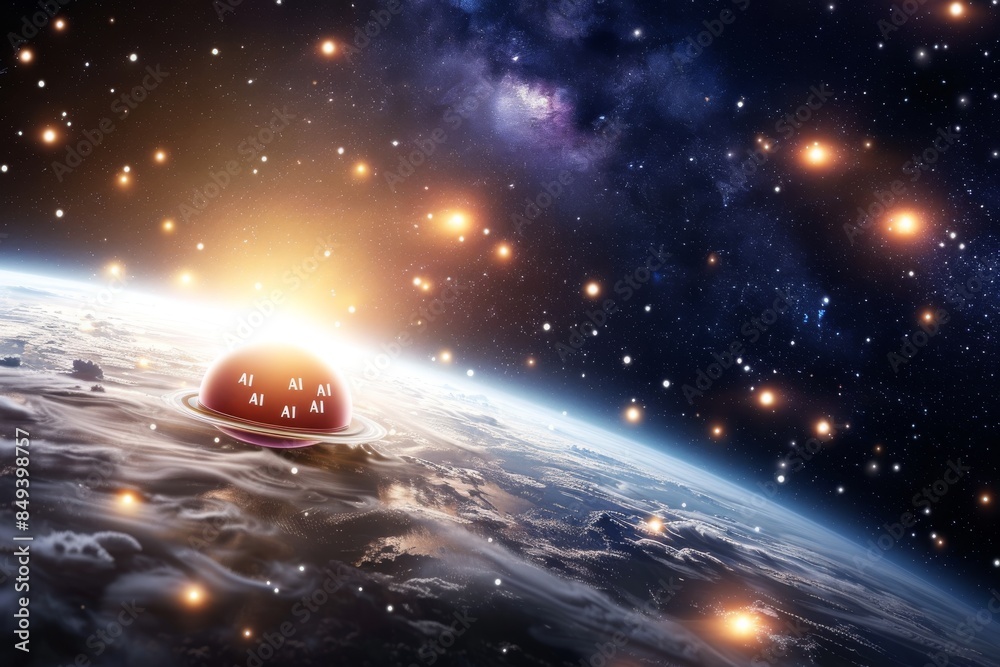 Space themed image with a glowing object resembling a brain ...