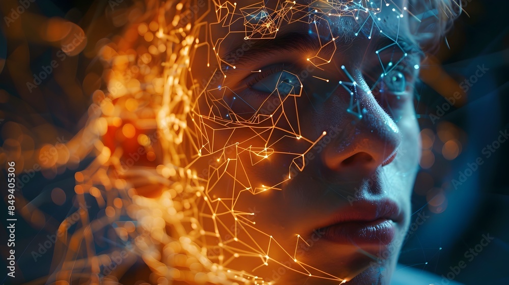 Futuristic Portrait Of A Person With A Neuralink Brain Computer Interface Implant Visualizing