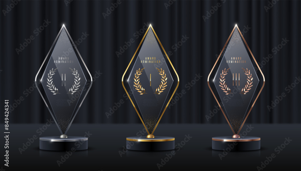 Set of glass award trophy with laurel wreath. Transparent prize ...