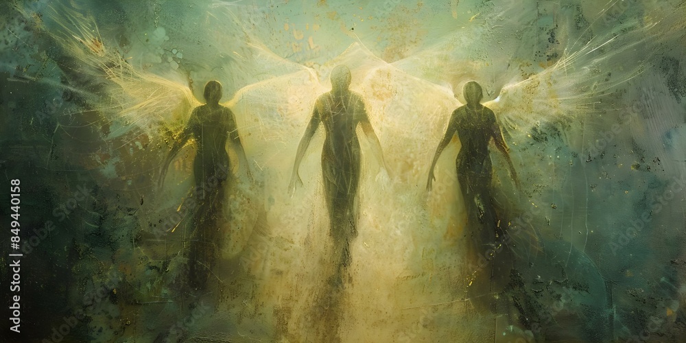 Painting of three winged figures possibly angels or divine entities ...