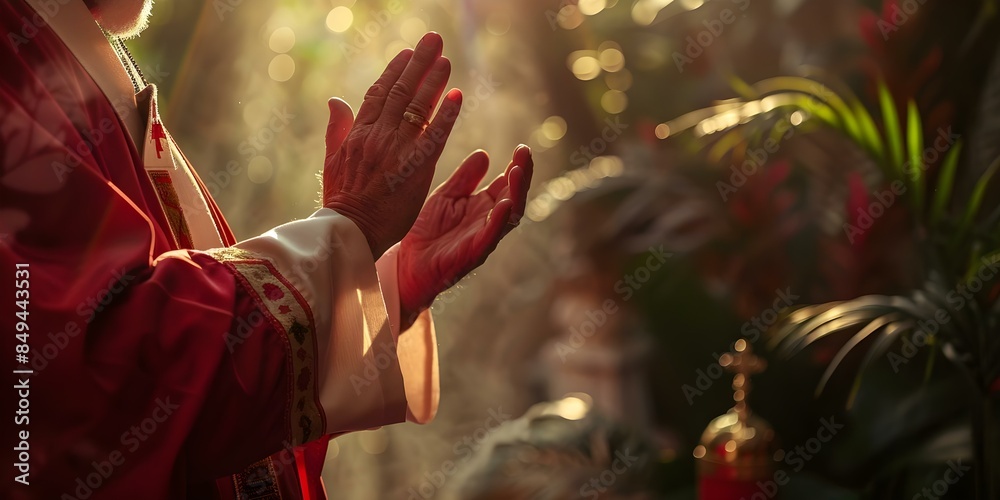 Catholic Pope dressed in red and white clapping and praying. Concept ...