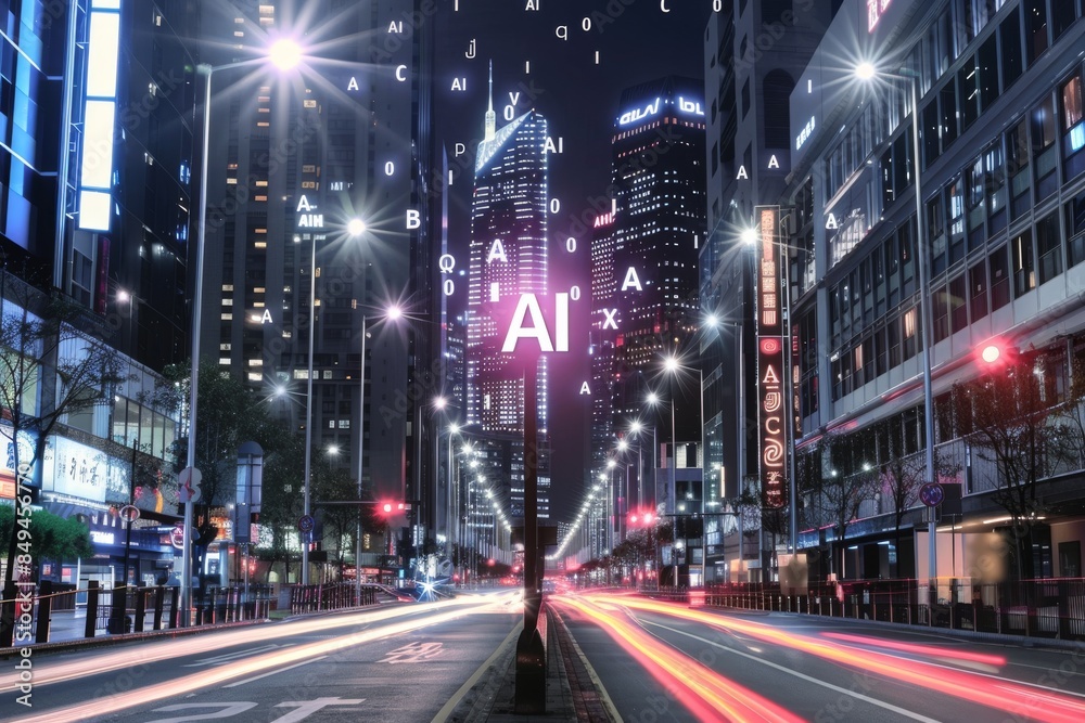 Neon drenched AI themed street in a bustling city at night showcases ...