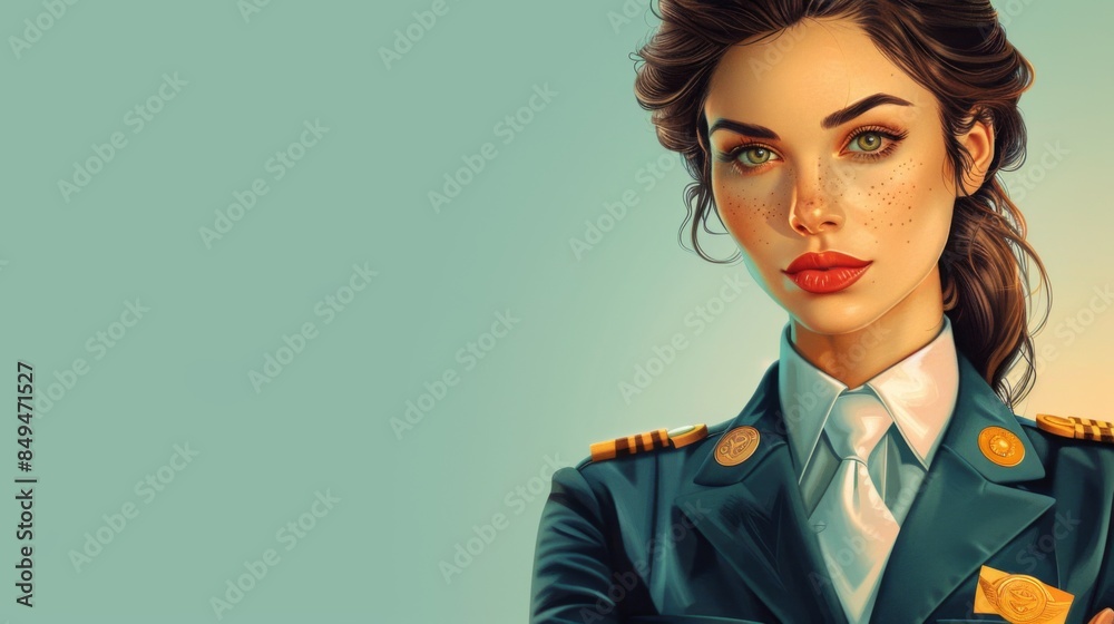 Horizontal banner, flat illustration. Portrait happy female flight ...