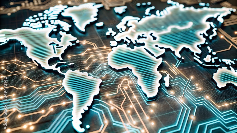 stylized illustration of the world map made up of digital circuits ...