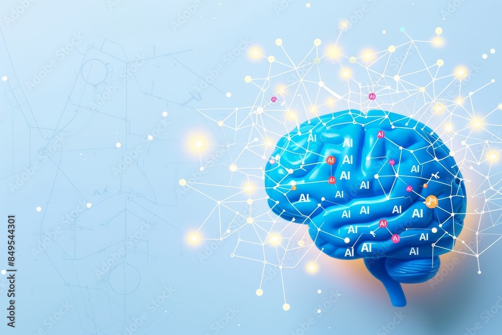 3D brain model with AI and neural network, showcasing the interplay ...