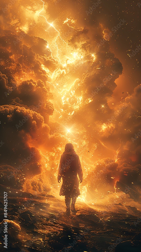 Chango wielding holographic thunderbolts in a surreal volcanic eruption ...