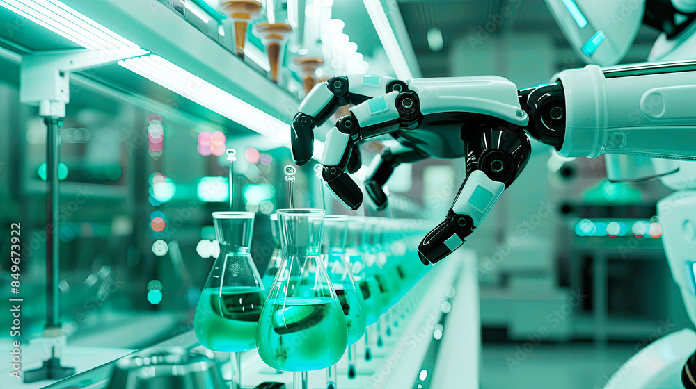 ultra close up shot of a robot-android hand mixing tubes, green liquid ...