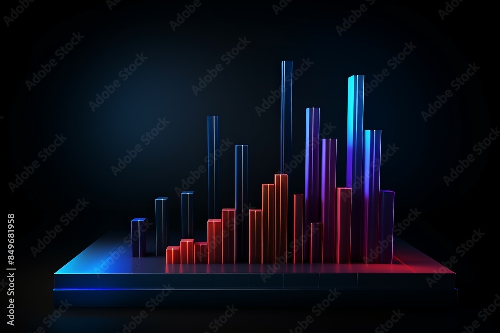 3D neon bar chart with glowing bars in blue and red on a black ...