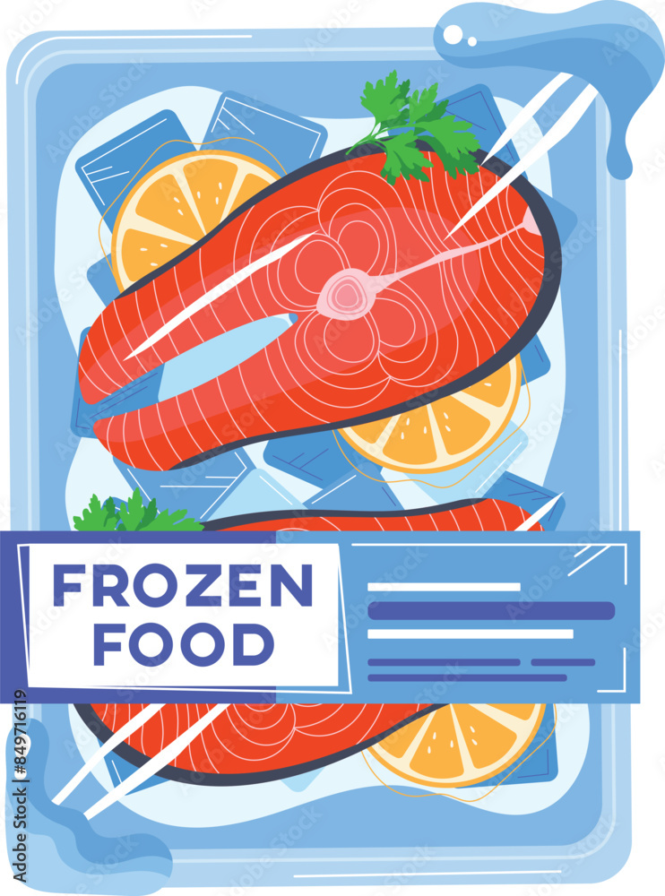 Illustration depicts salmon fish plastic tray packaging. Frozen seafood ...