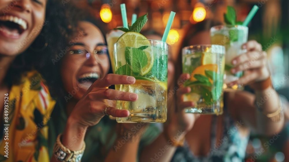 Happy friends group cheering mojito drinks at cocktail bar restaurant ...