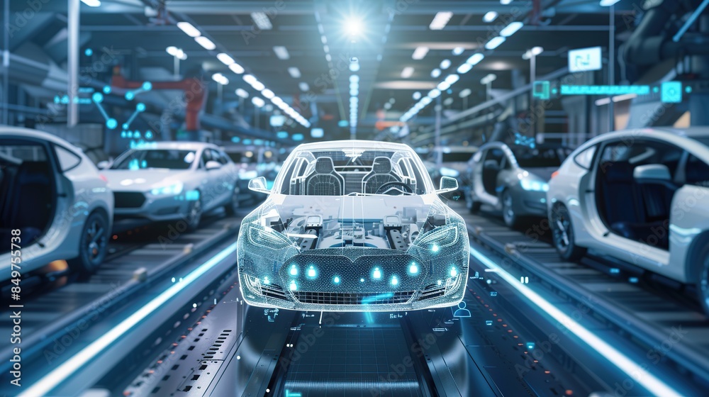 Car Factory Digitalization: Automated Robot Arm Assembly Line Manufacturing High-Tech ...