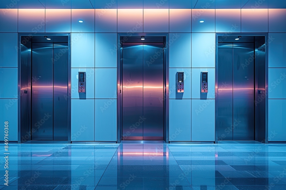 Three silver elevators are standing in a hallway. The elevators are all ...
