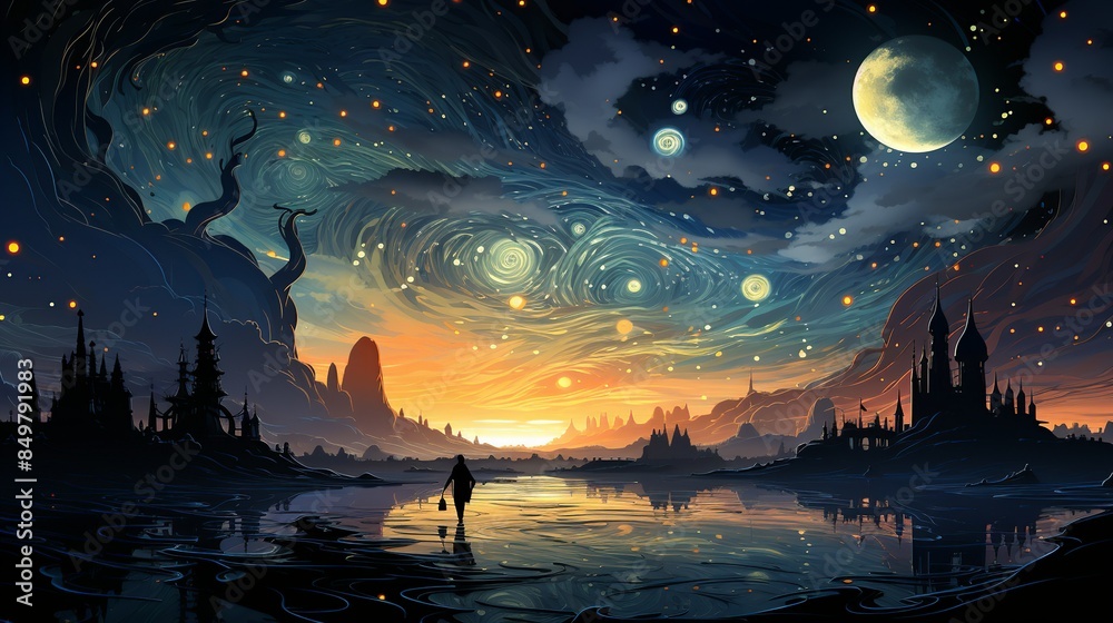 The primordial sea, shown as a dark, mysterious expanse with swirling ...