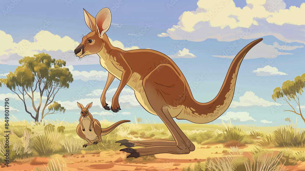 A lively cartoon kangaroo hopping across the Australian outback with a baby joey in its pouch ...