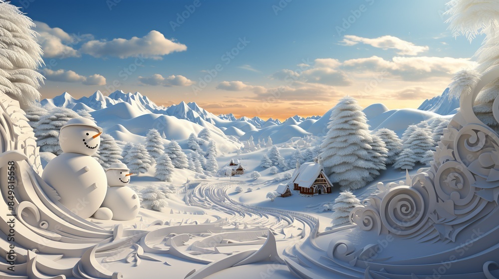 Snowman and friends crafting intricate snow angels in a freshly ...