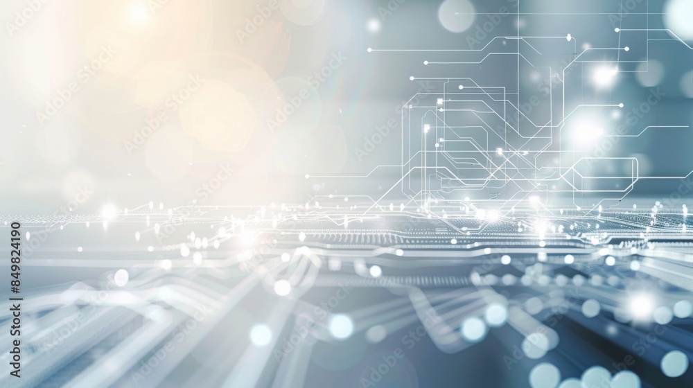 The image depicts an abstract digital circuit board with a network ...