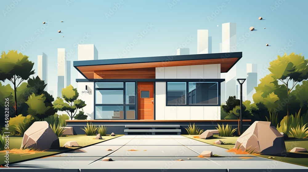 An artist's rendering of a small minimalist house, showcasing a simple ...