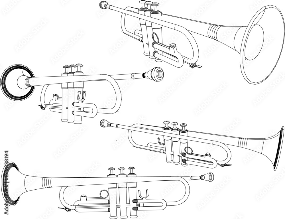 Vector illustration sketch of trumpet detailed design drawing for music ...
