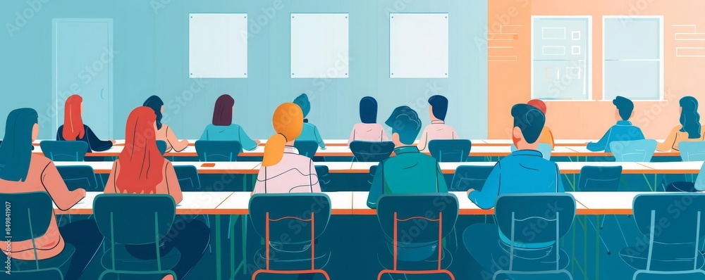 engaged students flat design front view classroom activities theme ...