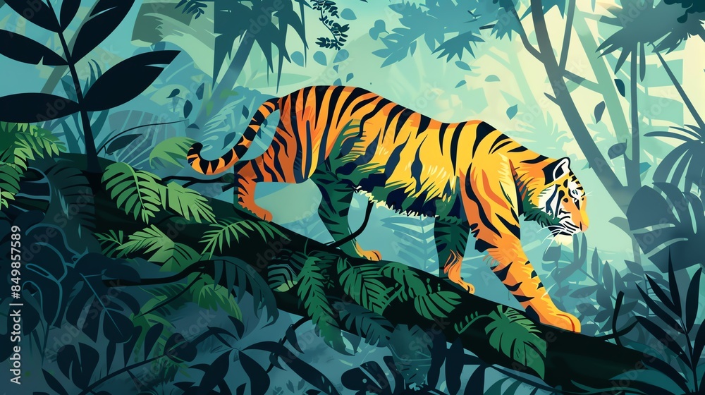 Tiger stalking prey flat design side view rainforest theme cartoon ...