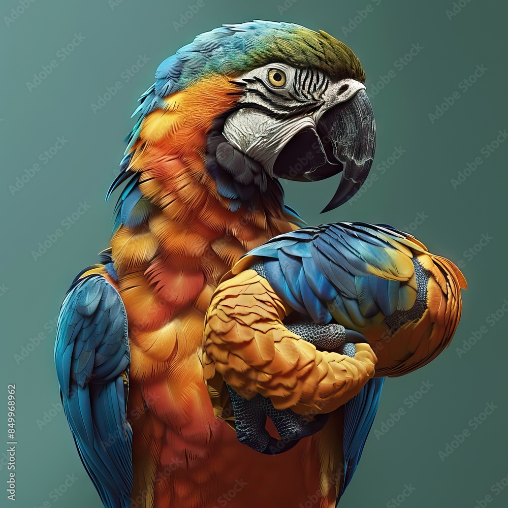 A muscular parrot showing off its biceps, blending strength and avian ...
