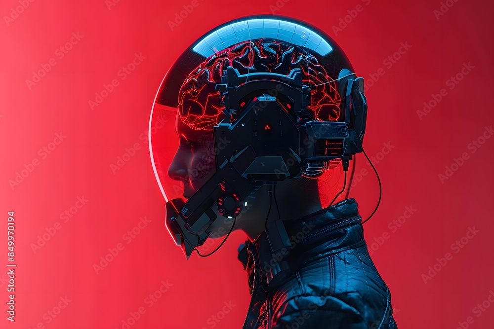 Futuristic woman with red attire and headphones, immersed in music ...