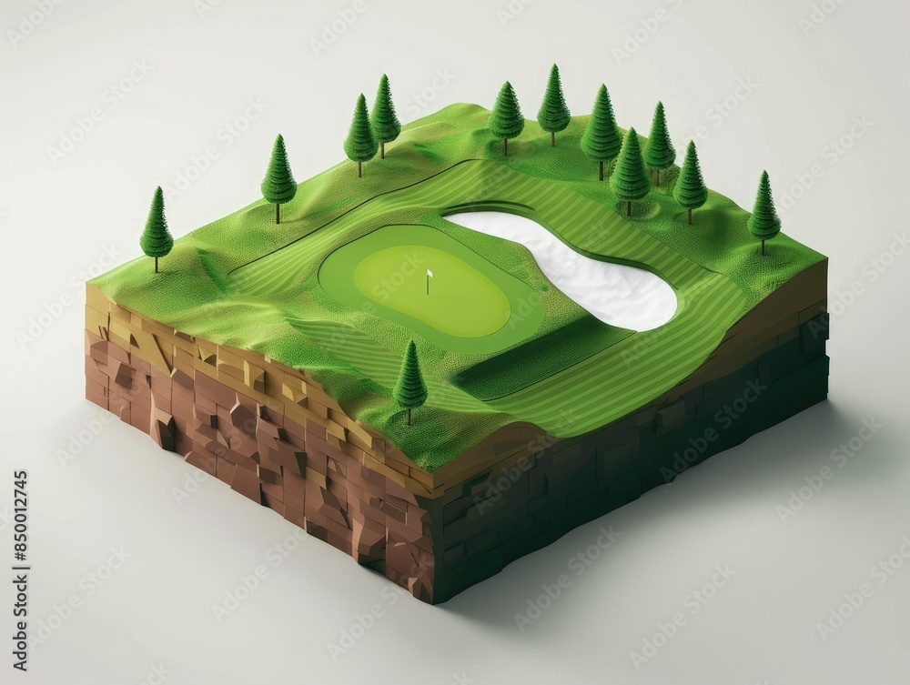 3D isometric illustration of a miniature golf course with trees, a sand ...