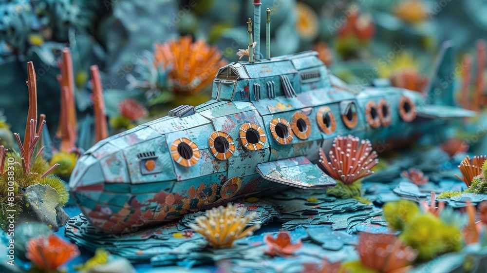 Paper model of a submarine exploring the depths of a paper ocean ...