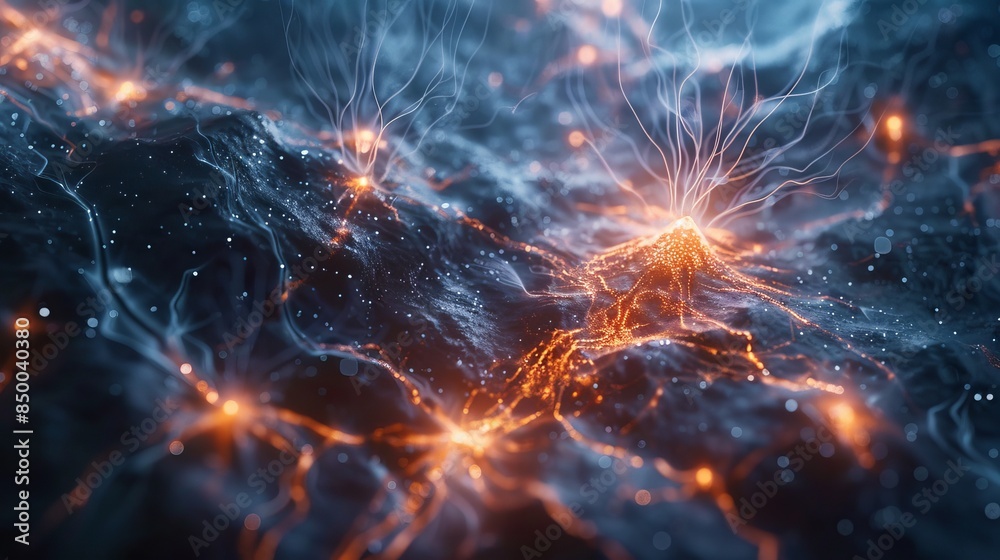 Dynamic network of firing neurons, each pulse lighting up detailed ...