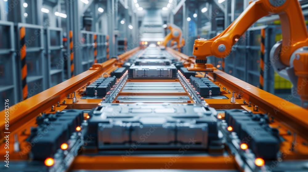 Automated Production Line With Robot Arms. Electric Car Battery Pack ...