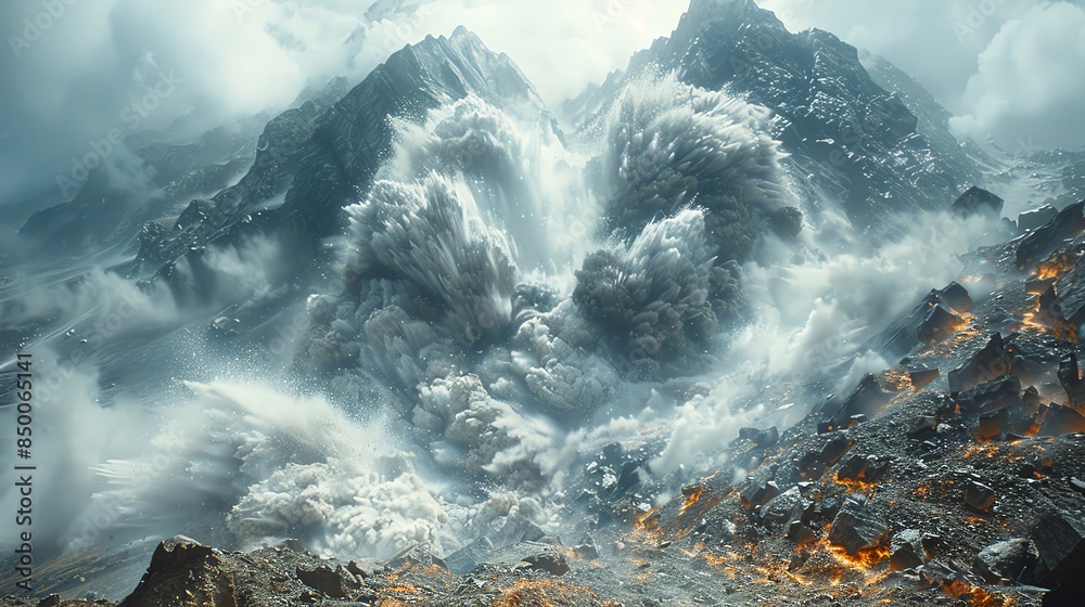 Landslide on a mountain, rocks tumbling down with dust clouds rising ...