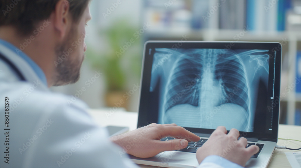 Doctor work on laptop computer, look at chest x-ray film on computer ...