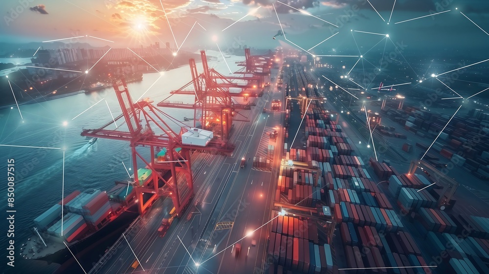 High-tech global logistics solution, world map with supply chains and ...