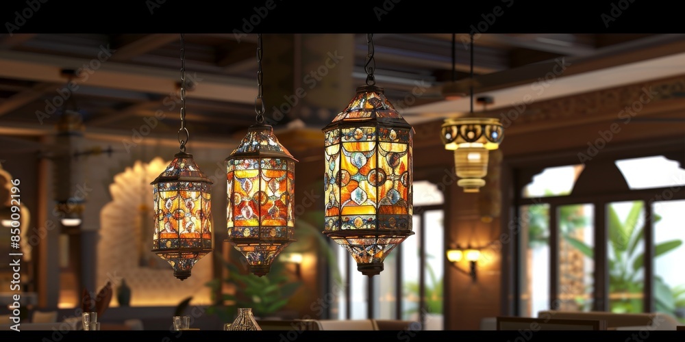 Islamic-inspired pendant lights with stained glass shades, adding ...
