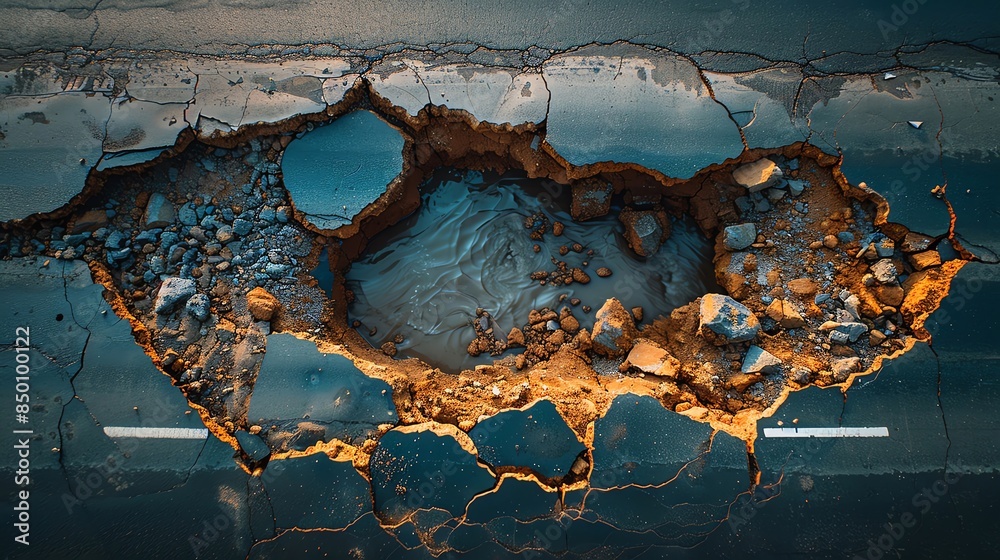 Sinkhole opening in a street, dramatic collapse with surrounding area ...