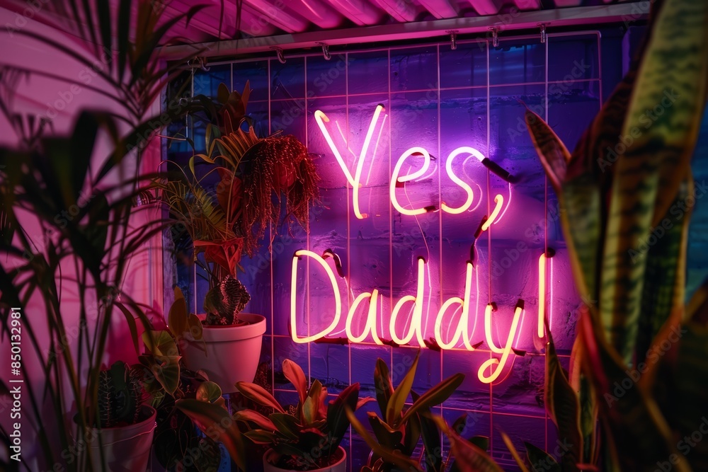 The text Yes, Daddy is written in neon sign in glowing pink color on a ...